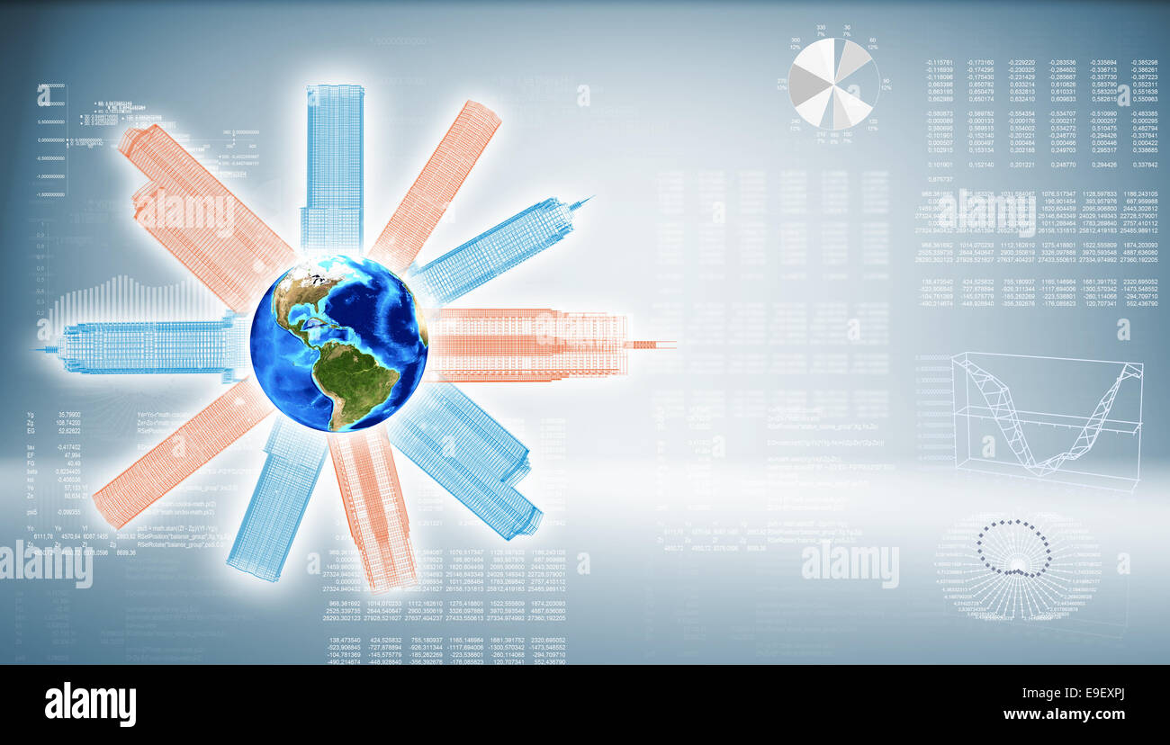 Glowing wire-frame buildings and Earth Stock Photo - Alamy