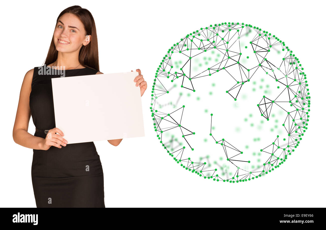 Businesswoman hold empty paper and wire frame sphere Stock Photo - Alamy