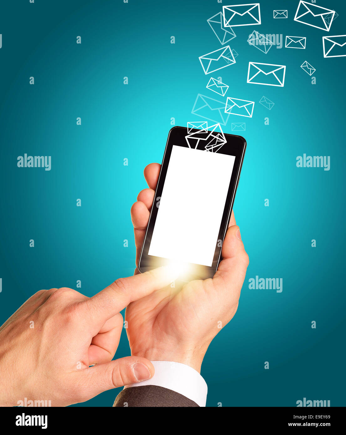Man hands using smart phone with flying envelopes Stock Photo - Alamy