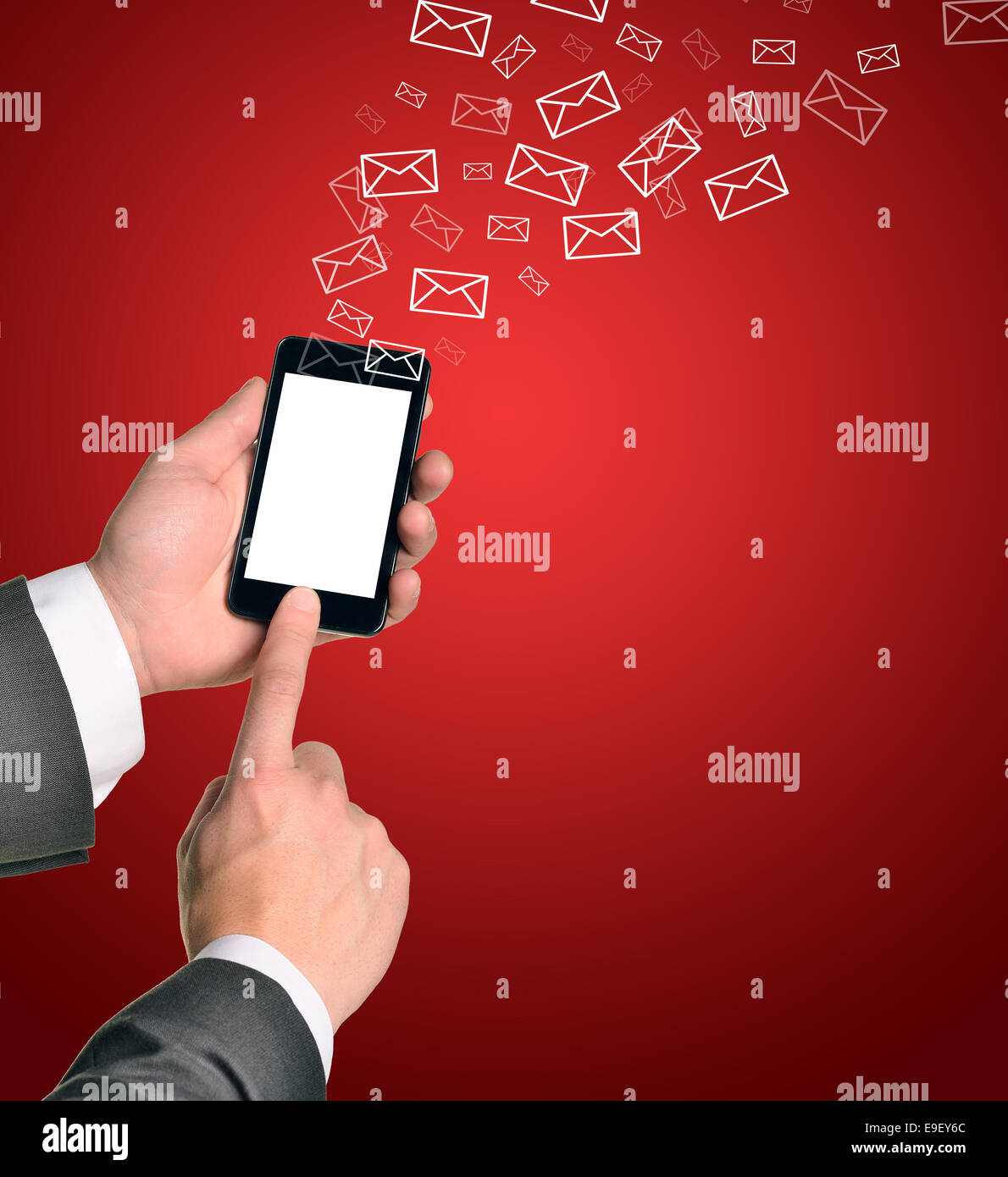 Man hands using smart phone with flying envelopes Stock Photo - Alamy