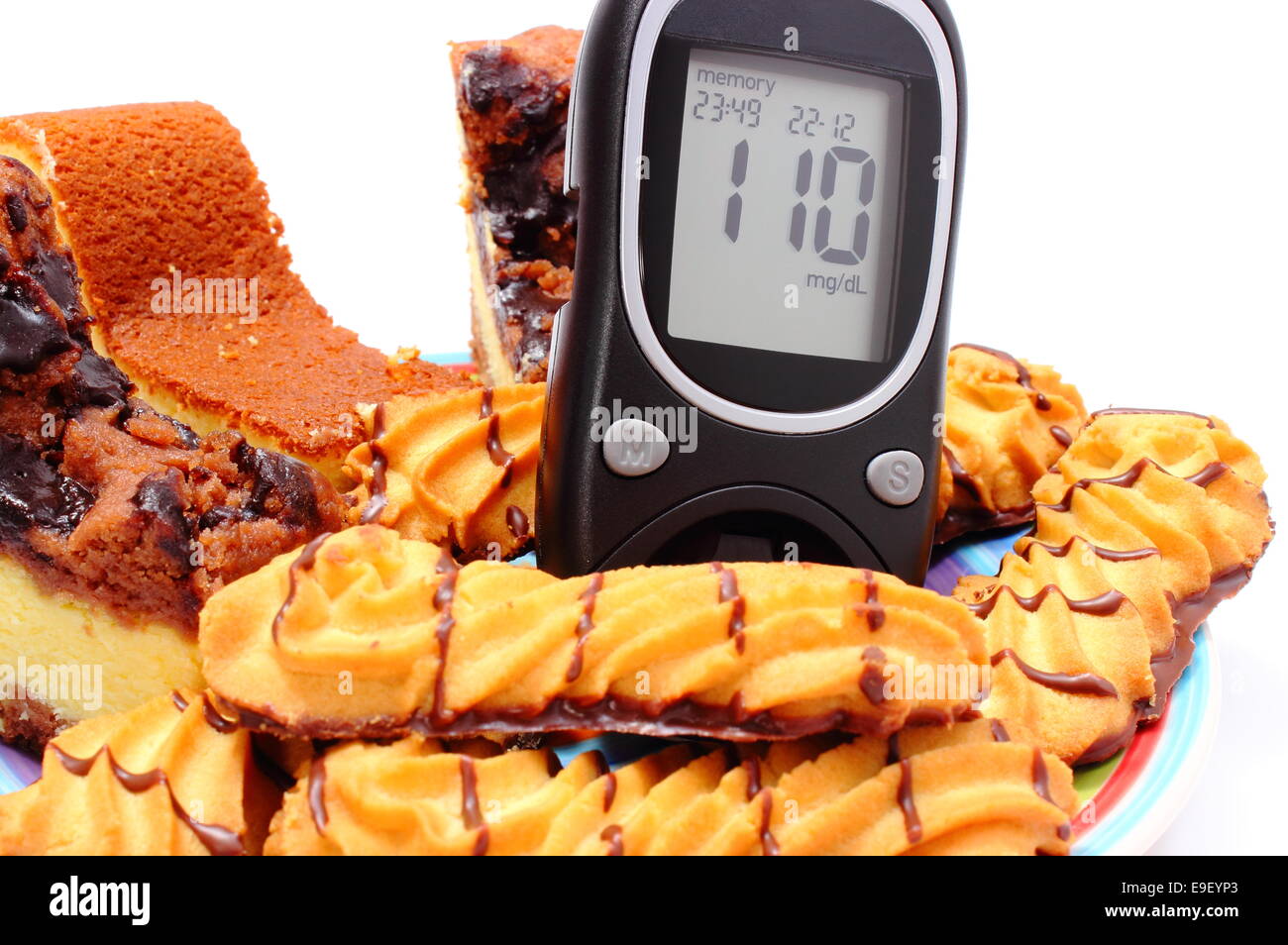 Fresh baked pastry and cakes on colorful plate and glucose meter ...