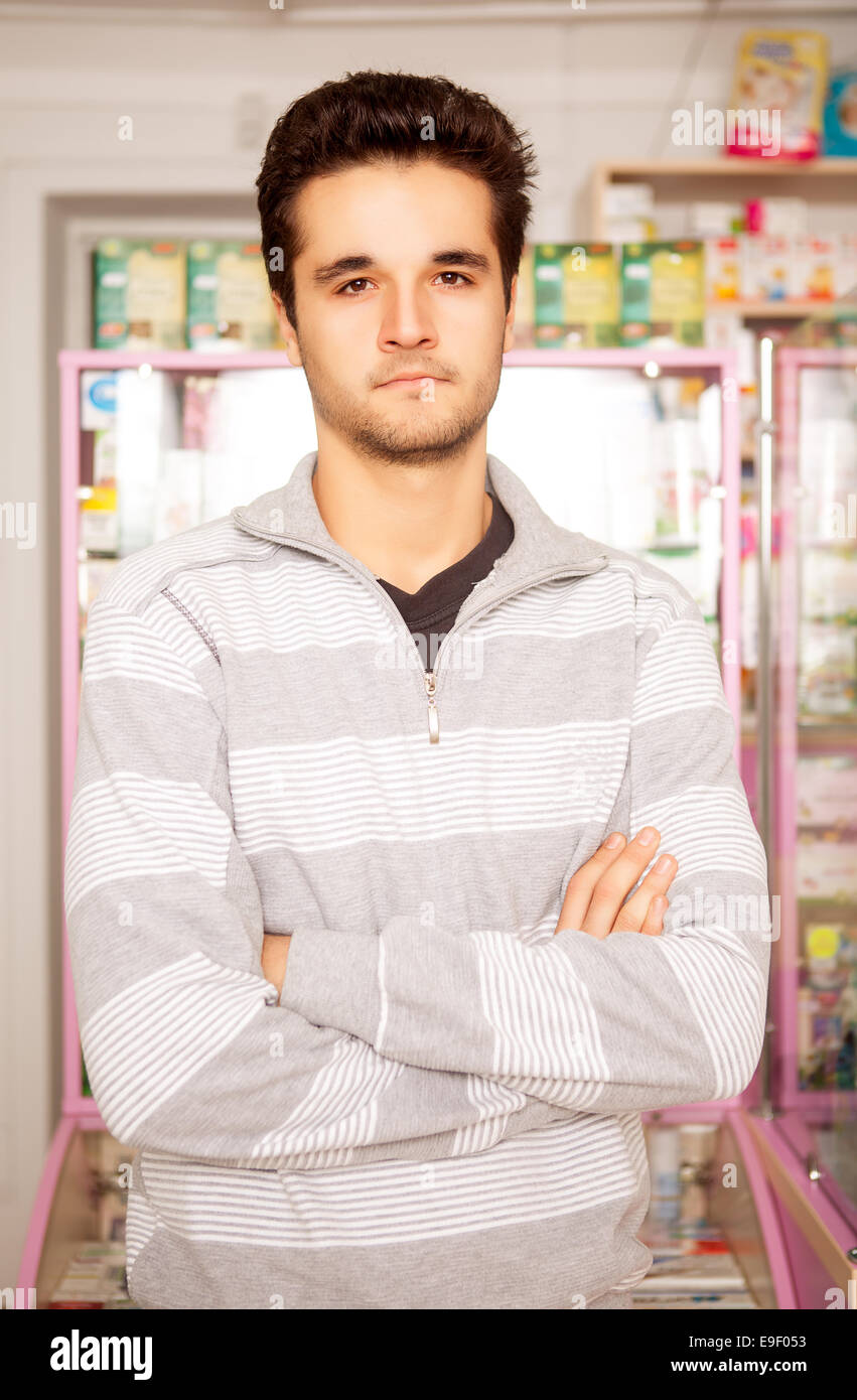 Customer in front of a pharmacy table shot with professional studio ...
