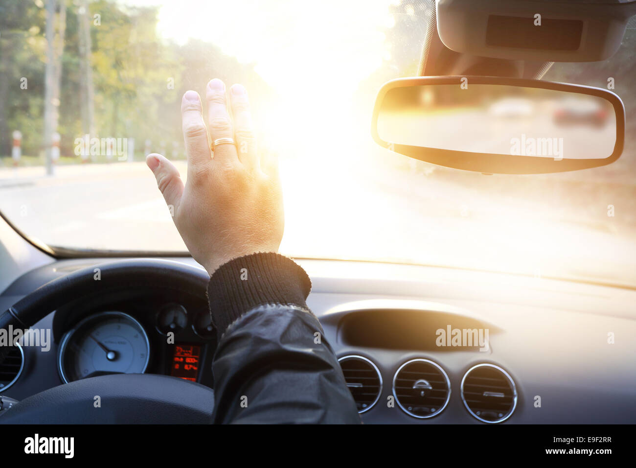 driver blinded by the sun in the car Stock Photo - Alamy