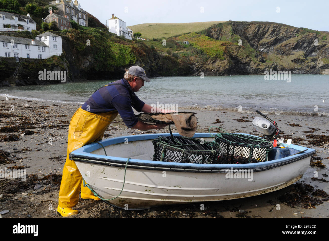 Cornish lobster fisherman with his catch in a small boat Port Issac ...
