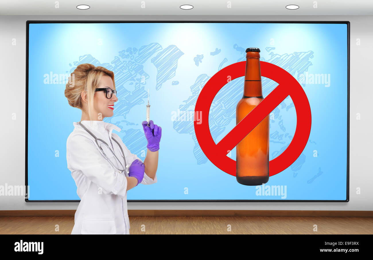 female doctor with syringe and stop alcohol symbol on plasma panel ...