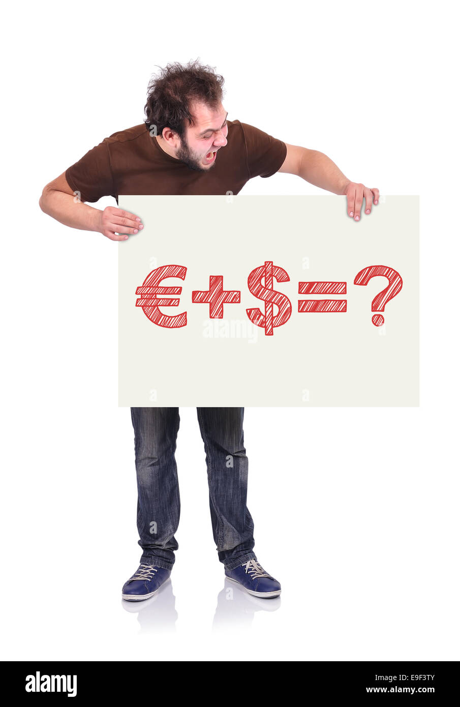 crazy man holding poster with money formula Stock Photo - Alamy