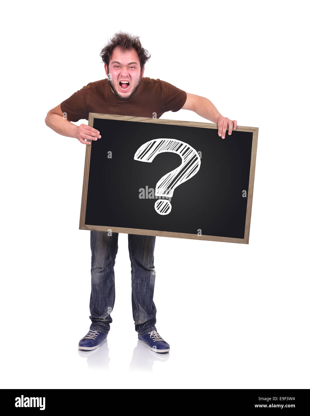 angry man holding blackboard with question mark Stock Photo - Alamy