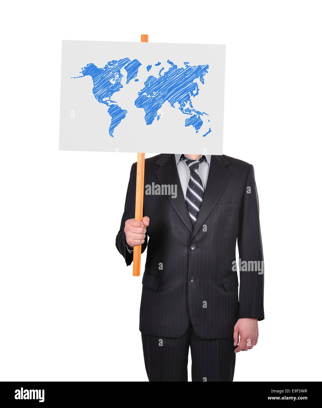 businessman in suit holding signboard with world map Stock Photo - Alamy