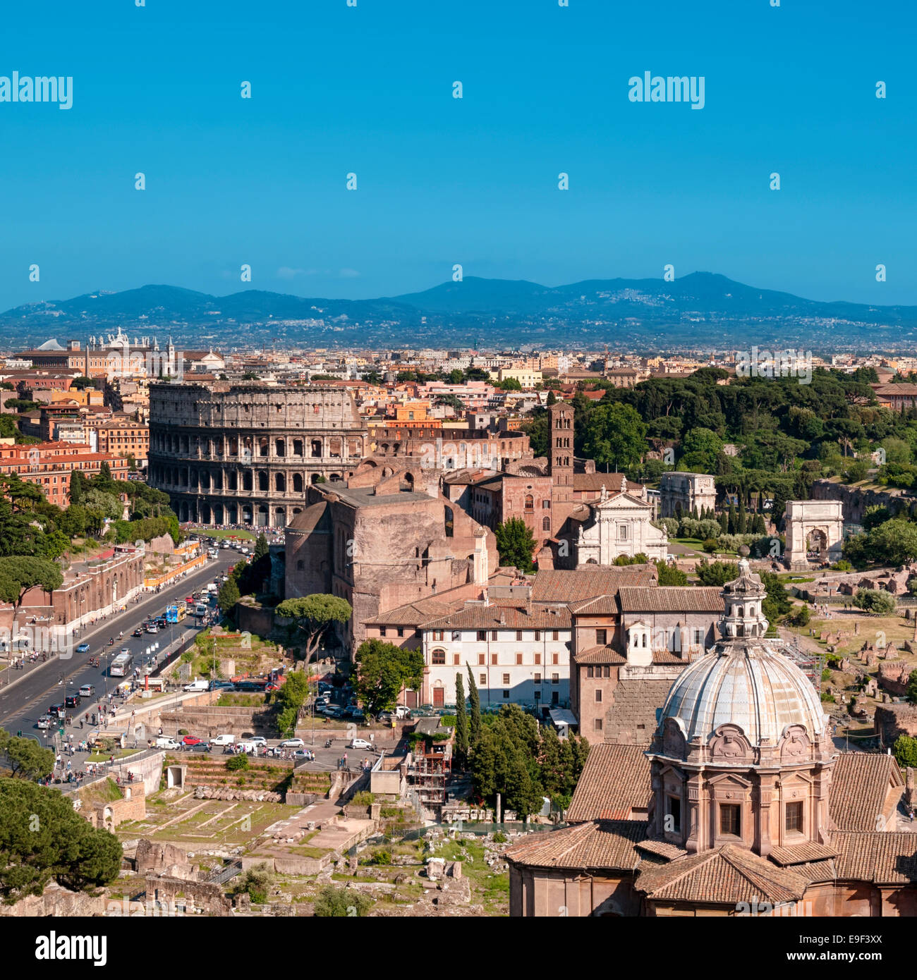 Ariel view of Rome: including the Colosseum and Roman Forum Stock Photo ...