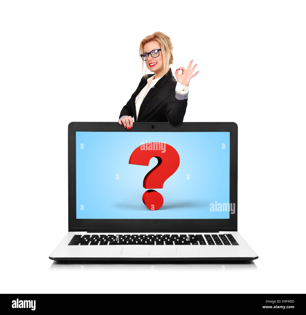 happy businesswoman standing near a laptop with question mark Stock ...