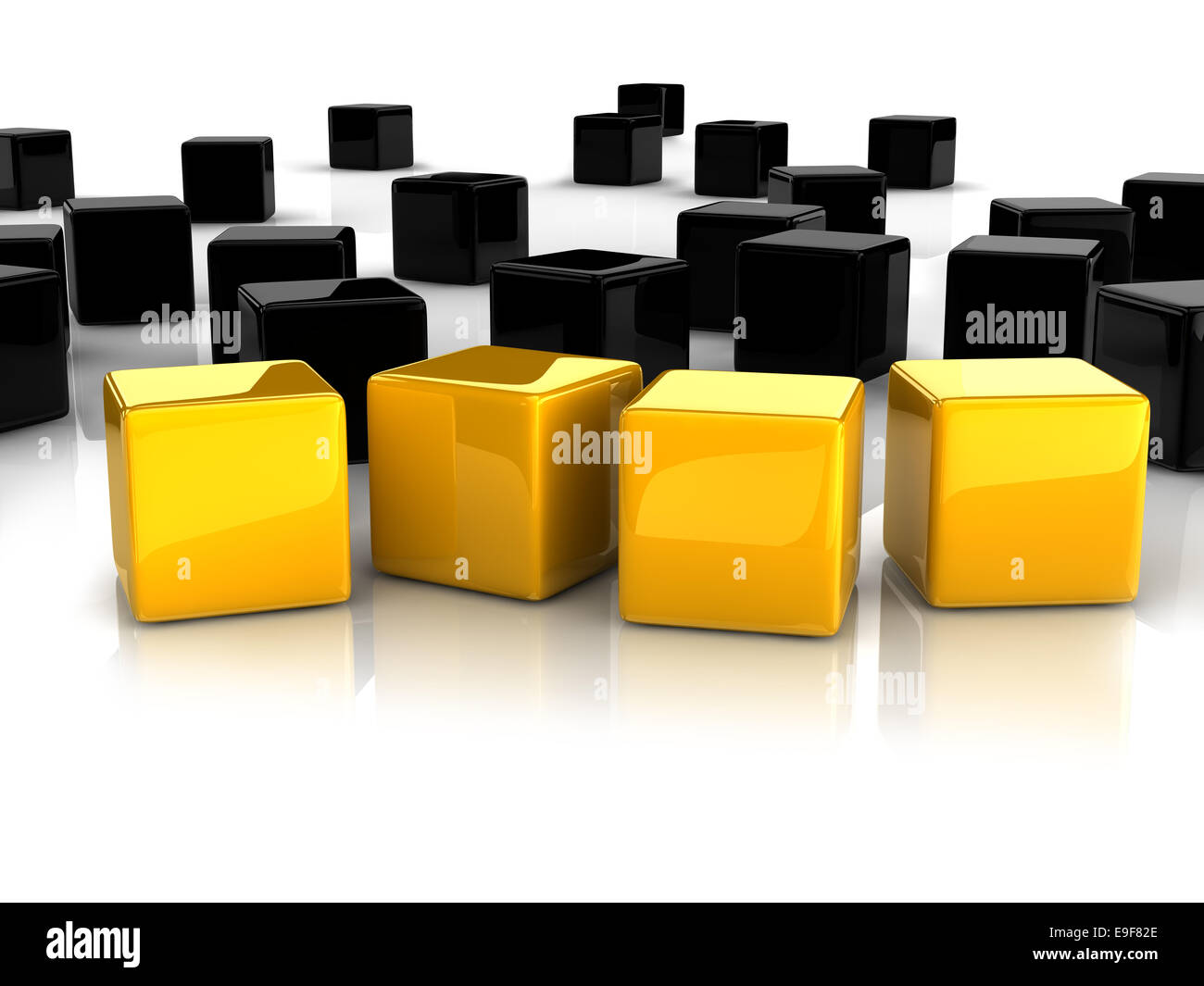 four yellow cubes placed observably in a group of black cubes Stock ...