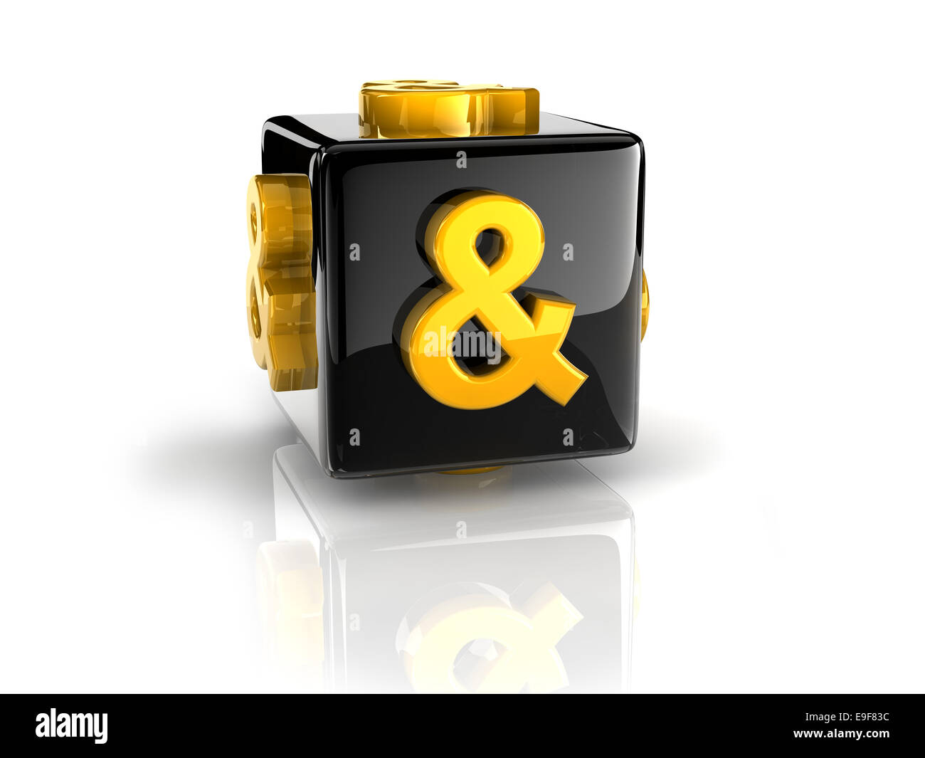 gold and symbol on reflective black cube isolated with white background ...