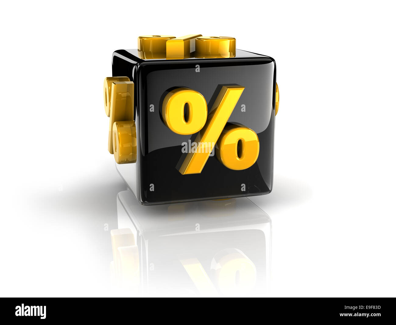 gold percentage symbol on reflective black cube isolated with white ...