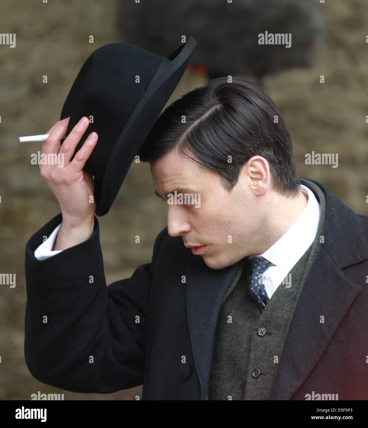 The cast of Downton Abbey film scenes on location outside a churchyard ...