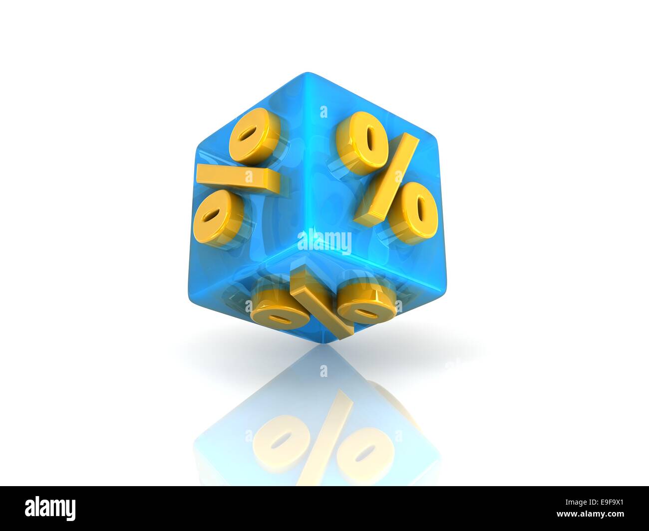 gold percentage symbol on reflective blue cube isolated with white ...