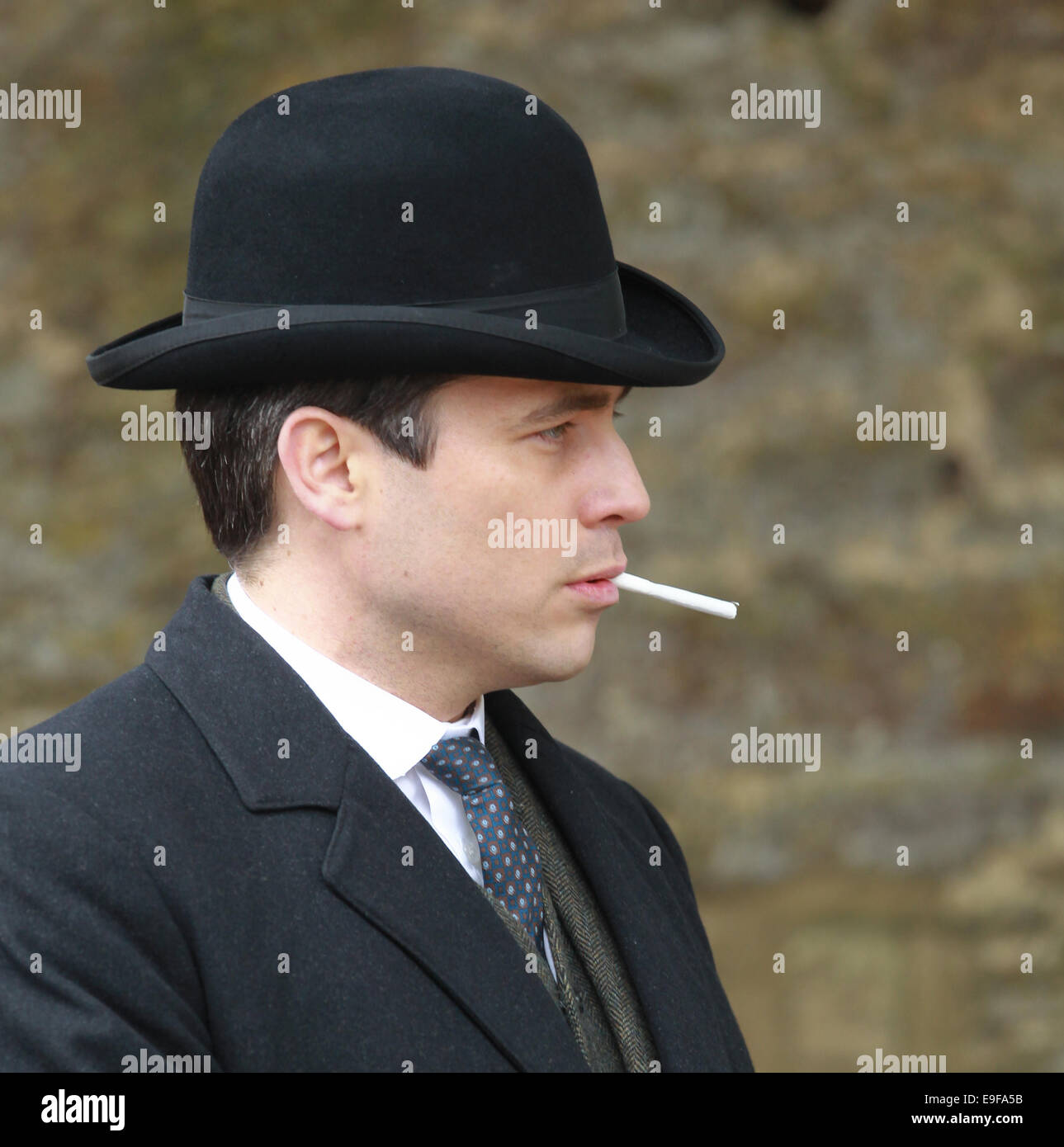 The cast of Downton Abbey film scenes on location outside a churchyard ...