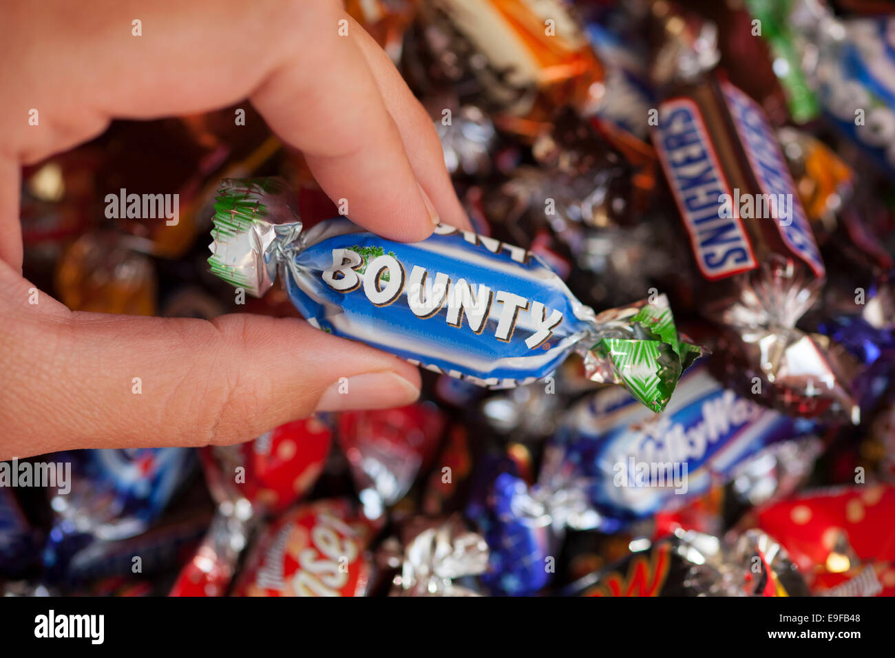 Paphos, Cyprus - December 19, 2013 Woman's hand holding Bounty candy ...