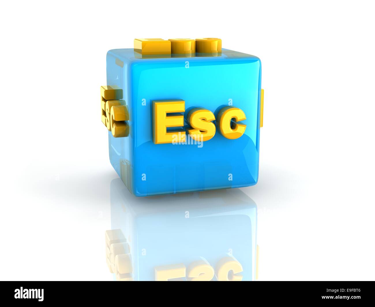 gold computer key Esc on reflective blue cube isolated with white ...