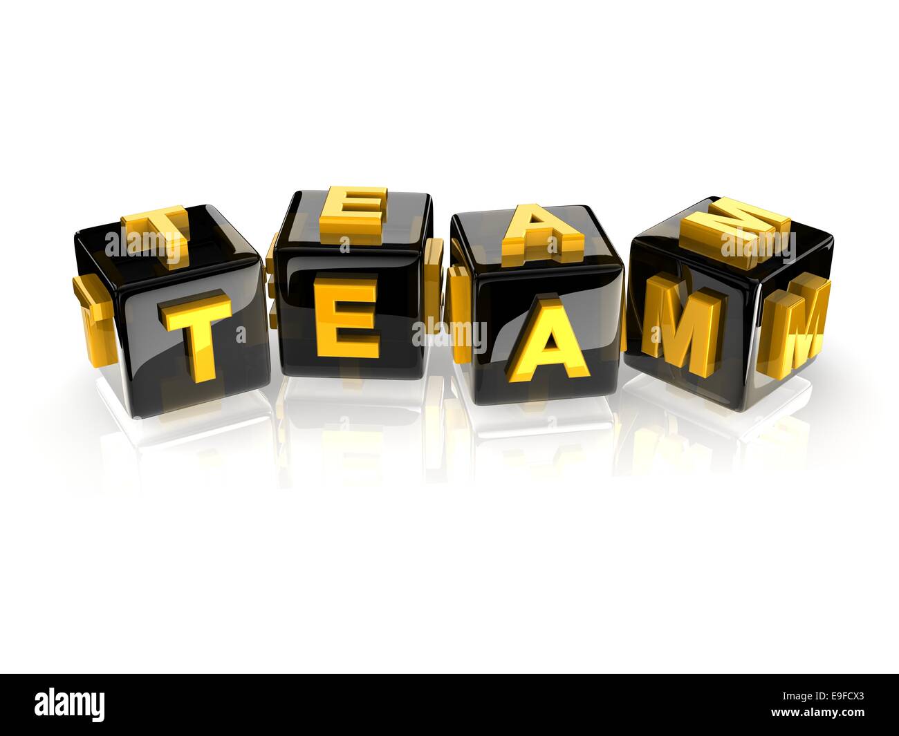 yellow 3d text TEAM on reflective black cubes Stock Photo - Alamy