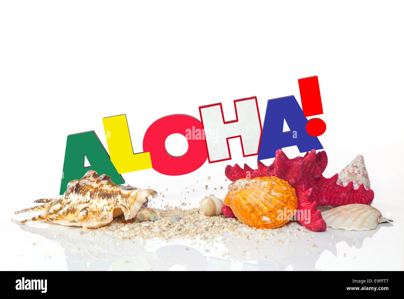 Word Aloha with starfish and shells Stock Photo - Alamy