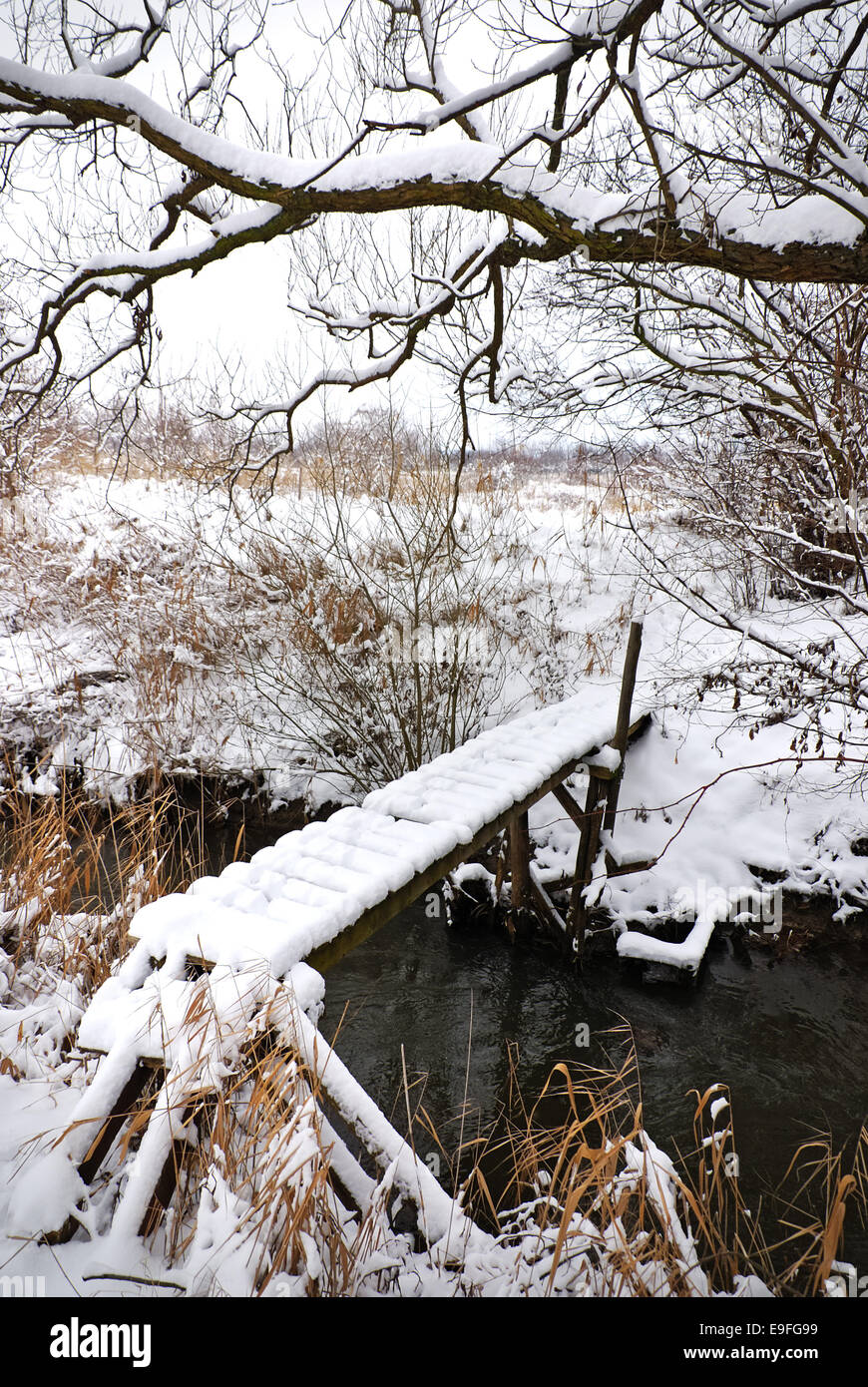 Snowy bridge across a small river Stock Photo - Alamy