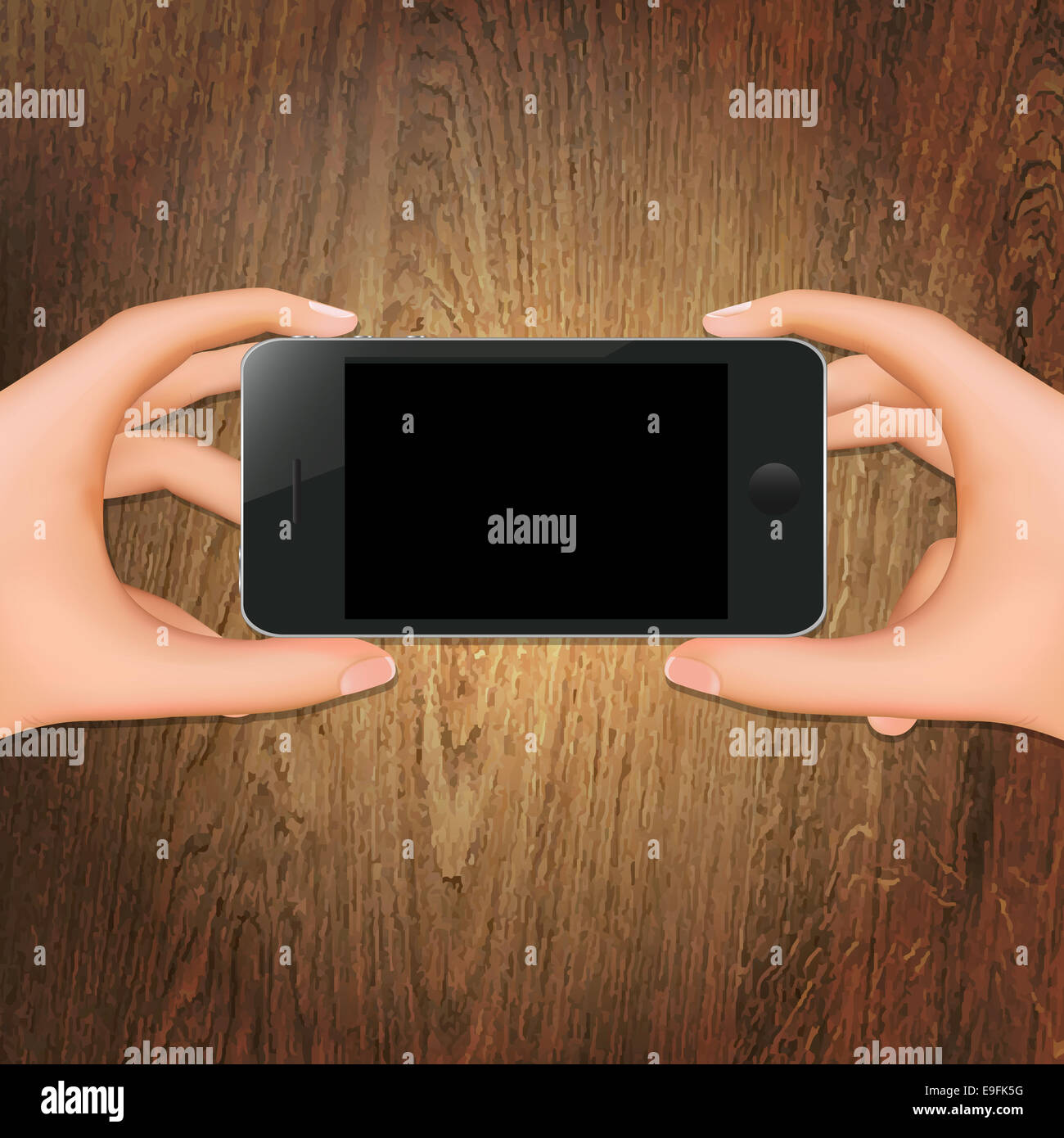 Wooden Background With Hands Holding Phone Stock Photo - Alamy
