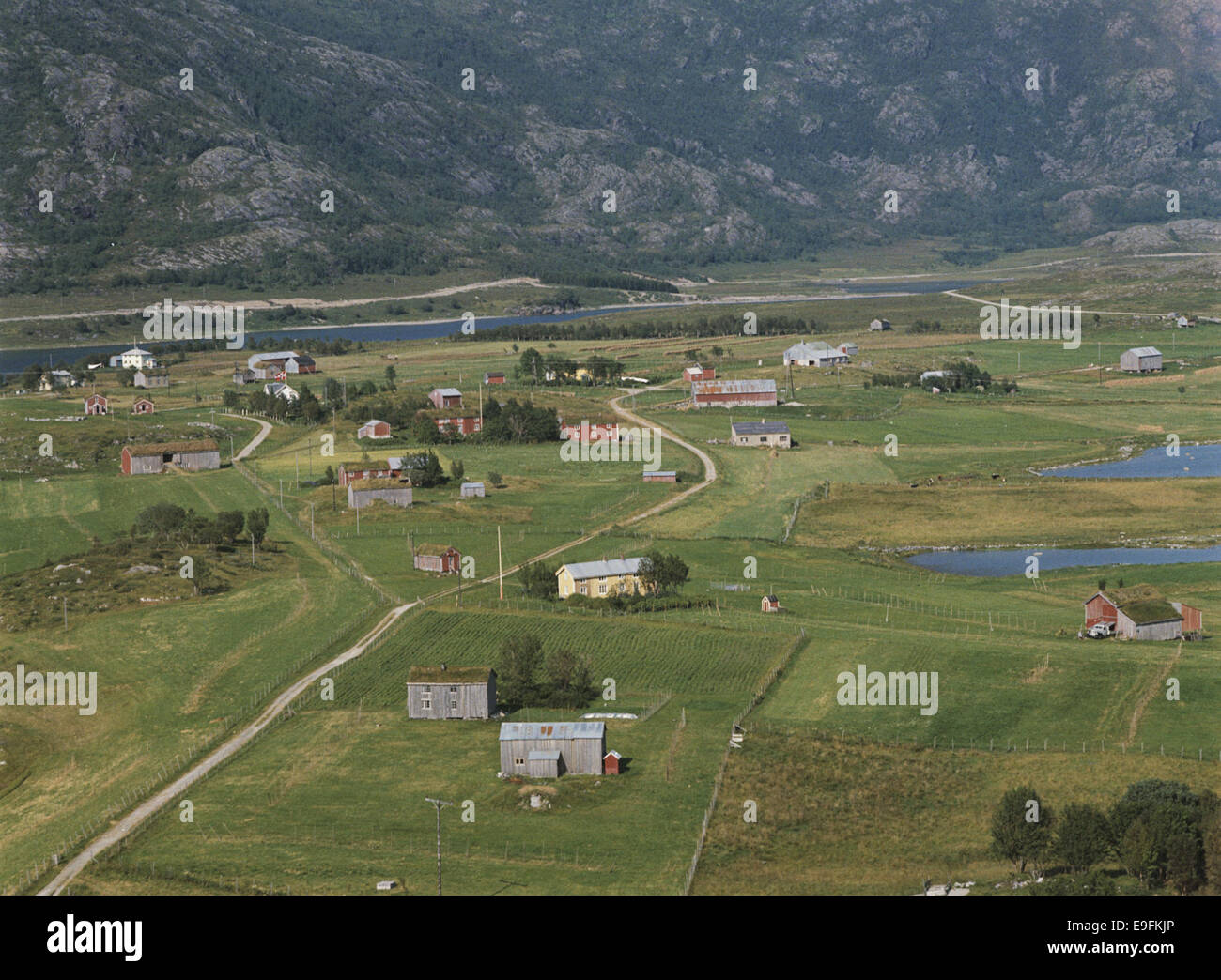 An aerial photograph of the Flåten and Haugen farms in Nesna, Norway ...