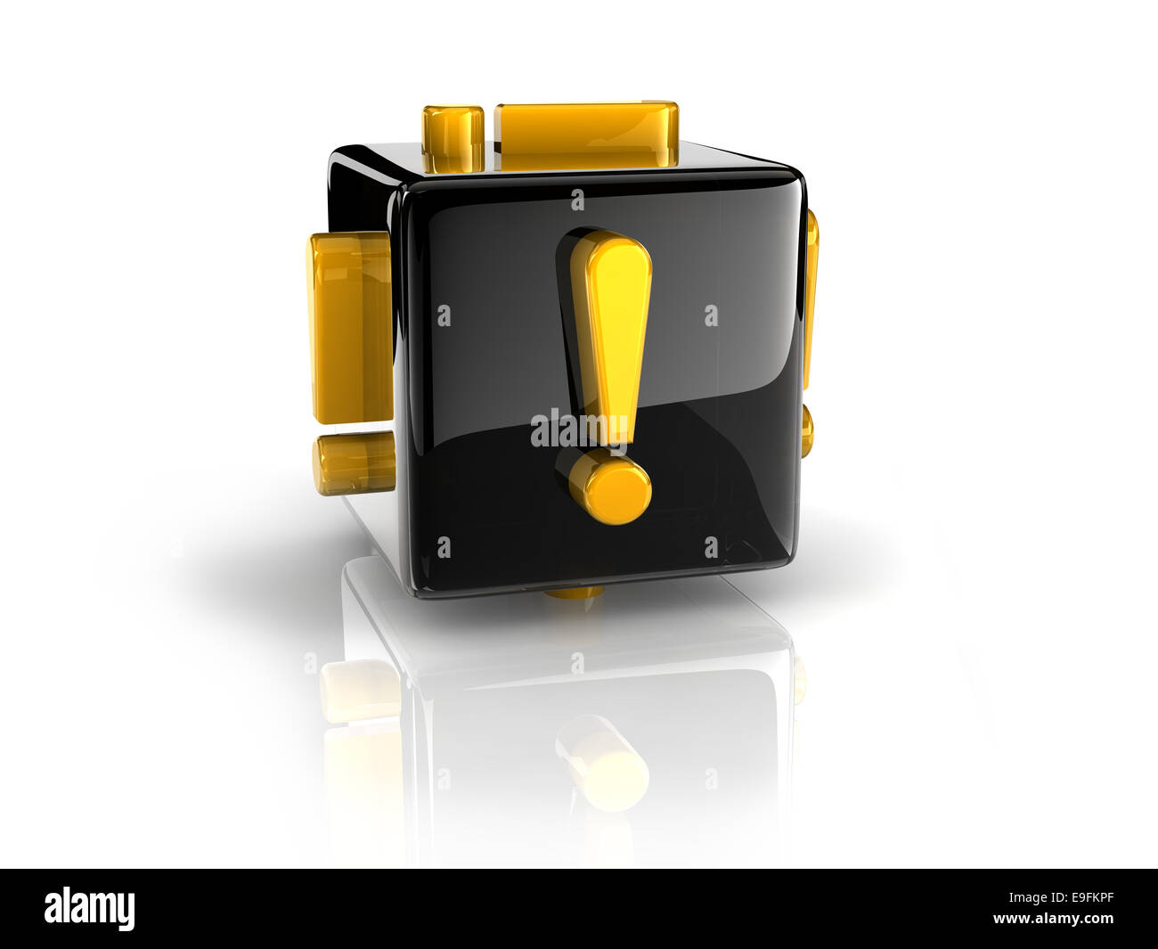 gold exclamation mark symbol on reflective black cube isolated with ...