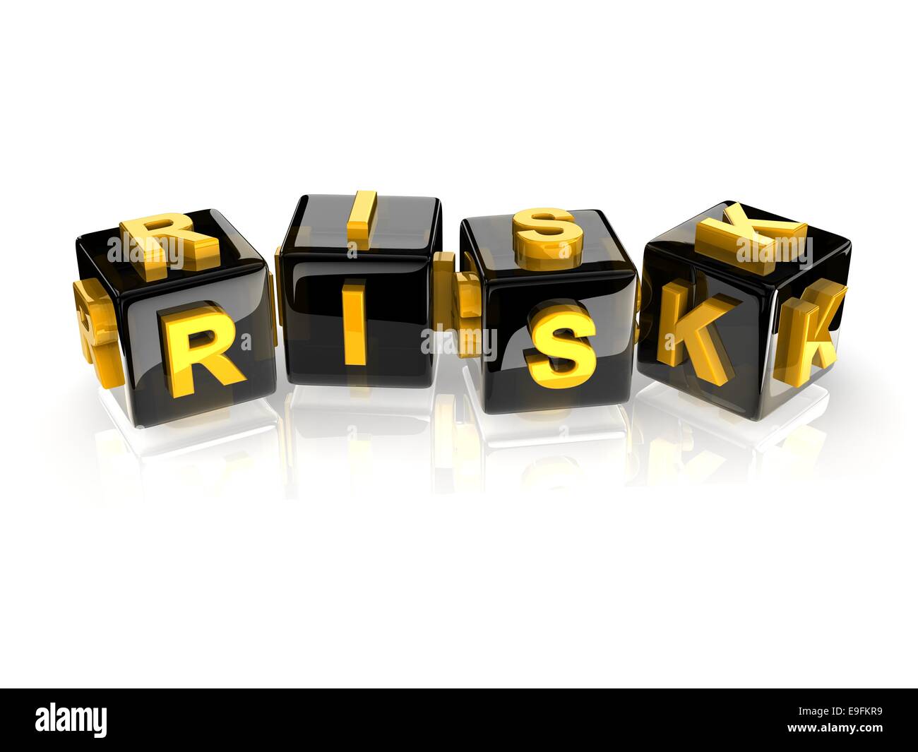 yellow 3d text risk on reflective black cubes Stock Photo - Alamy