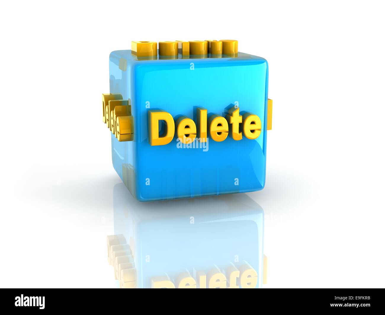 gold computer key Delete on reflective blue cube isolated with white ...