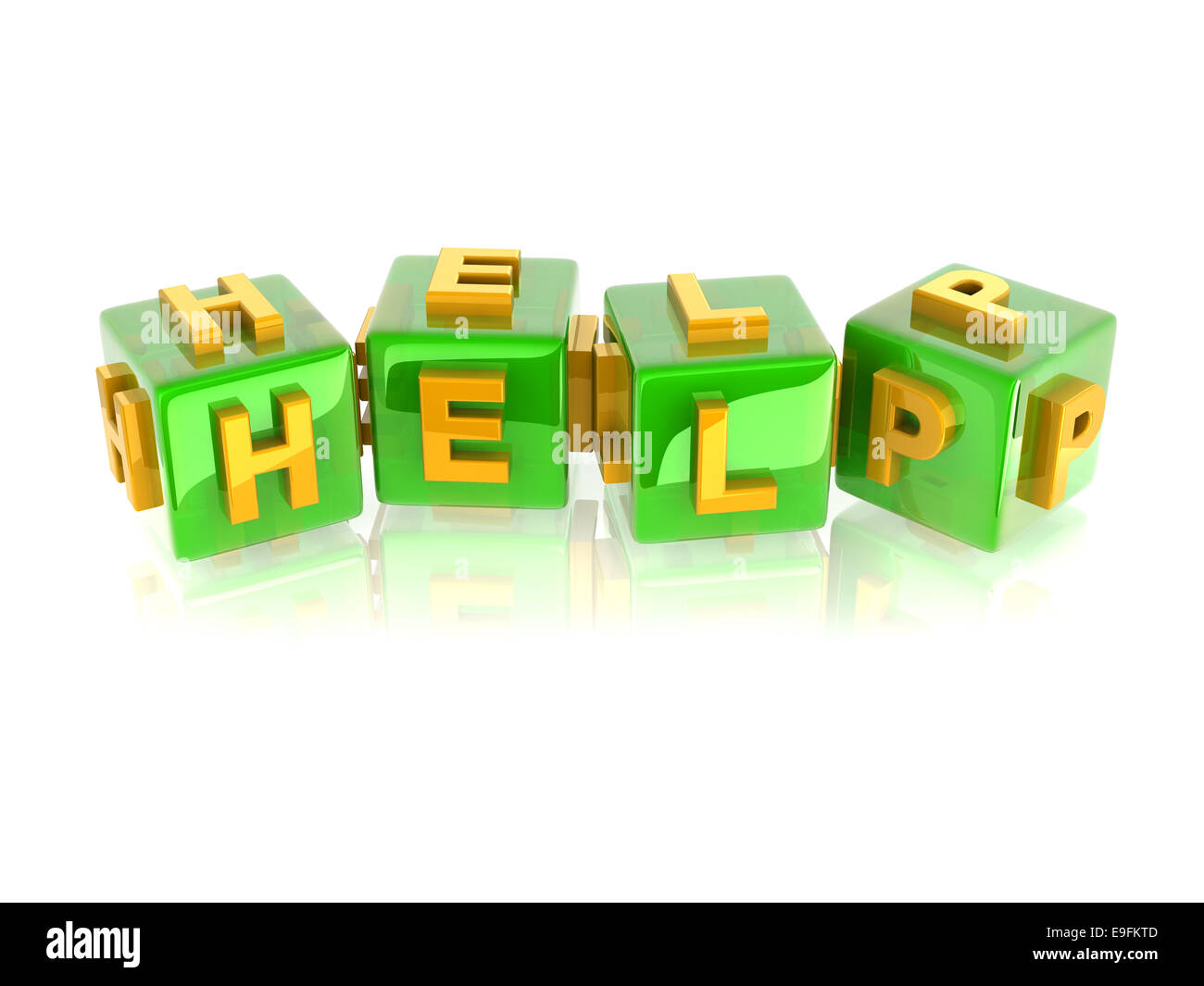 yellow 3d text HELP on reflective green cubes Stock Photo - Alamy