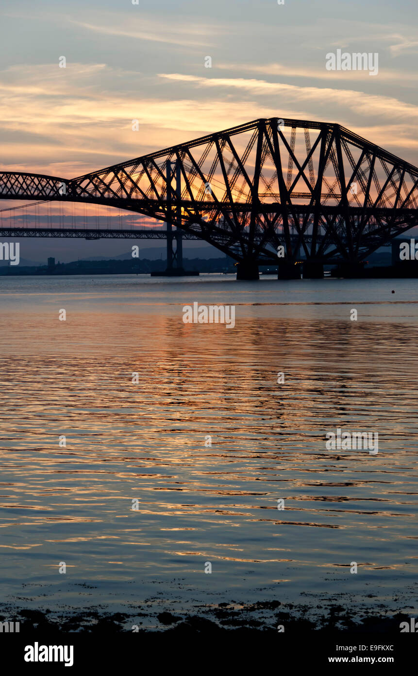 The Forth (railway) Bridge at sunset with the Forth Road Bridge behind ...