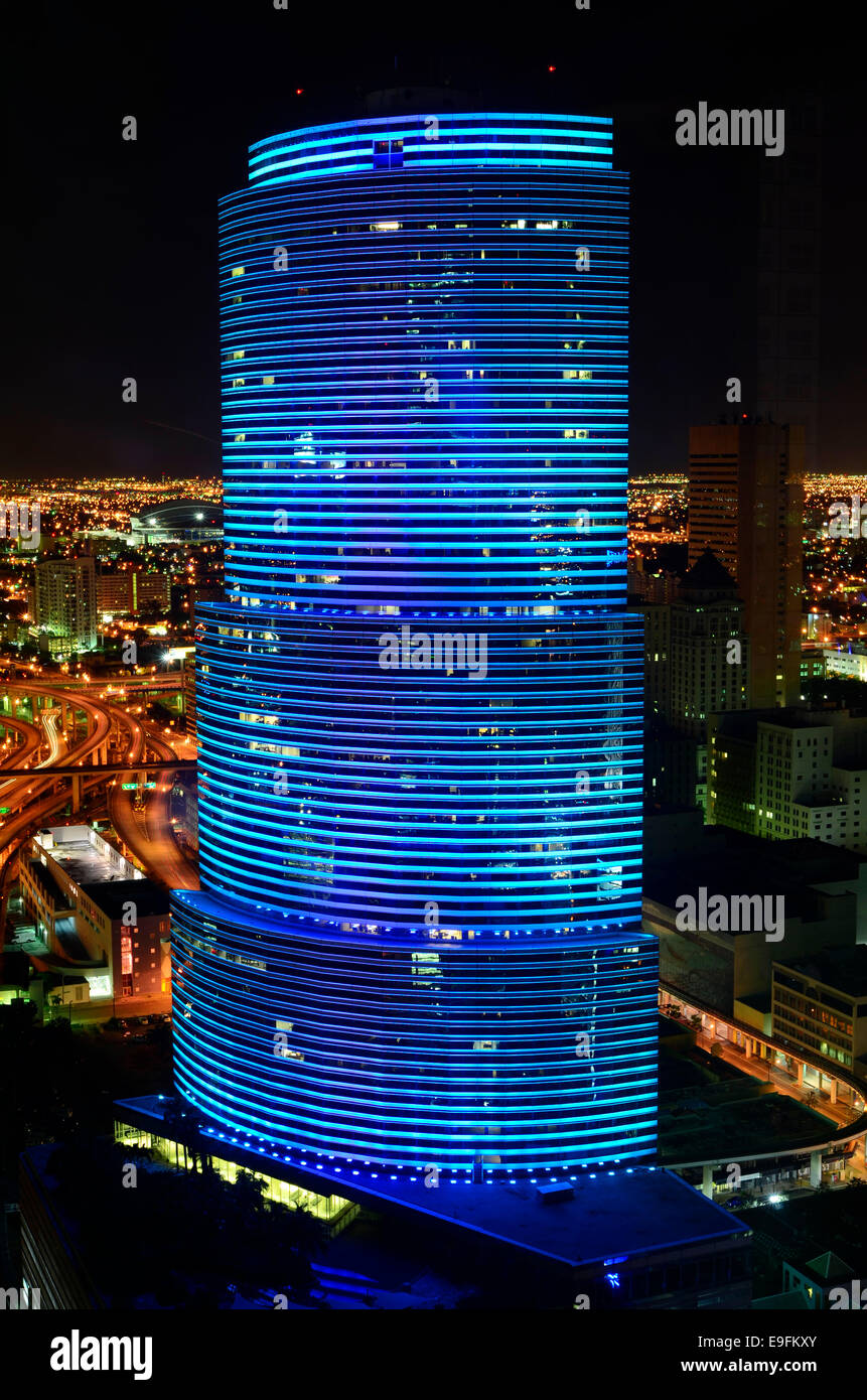 View of the Miami skyline at night with city lights and light trails ...