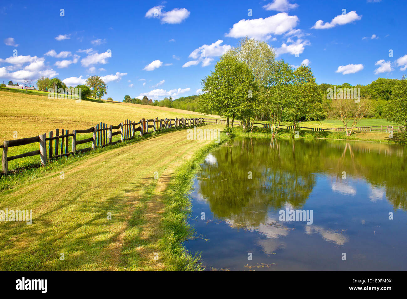 Green lake and fields landscape Stock Photo - Alamy