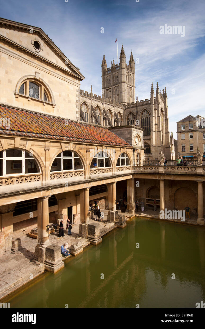 UK, England, Wiltshire, Bath, Roman Baths, visitors around main pool ...