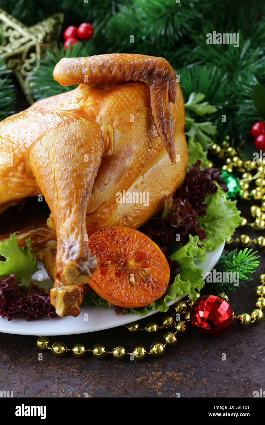 baked chicken for festive dinner, Christmas table setting Stock Photo ...