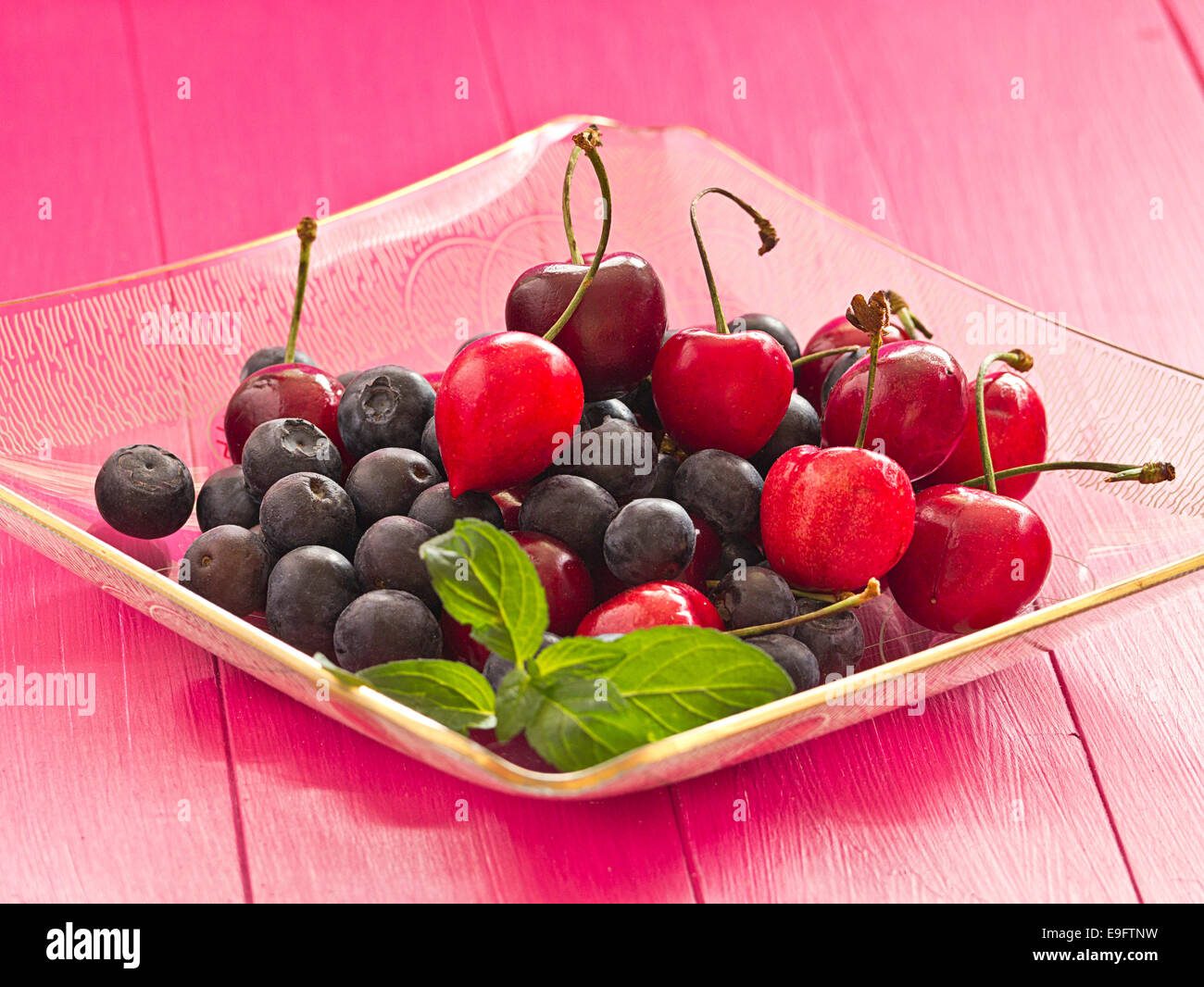 Blueberries and cherries in a glasbowl Stock Photo - Alamy