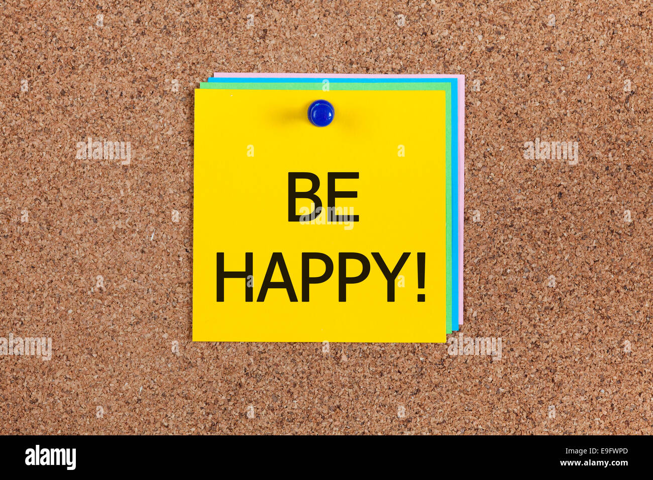 Post-it notes with word "Be happy!" on corkboard (bulletin board Stock ...
