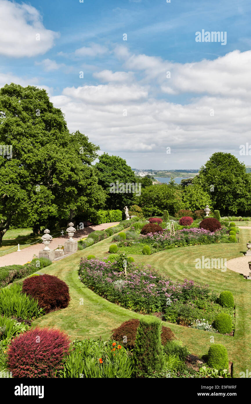 Summer at Mount Edgcumbe garden, Cornwall, UK. The East Lawn Terrace ...