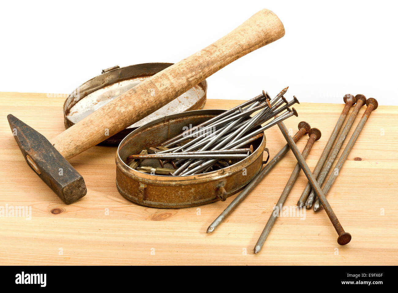 old used tools on the wooden desk Stock Photo - Alamy