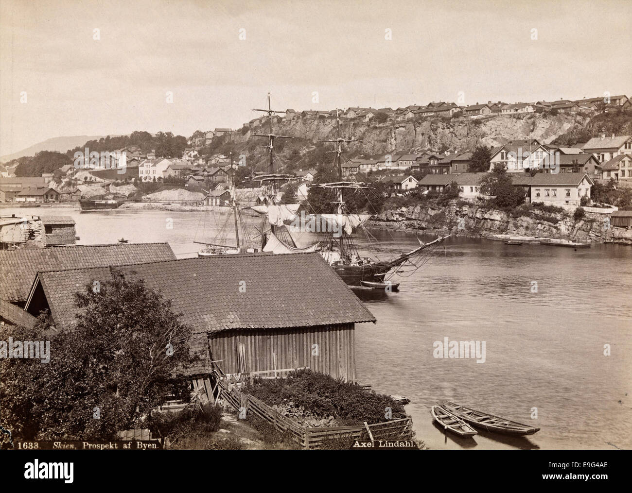 This historic photograph from 1633 shows a prospect view of Skien, a ...