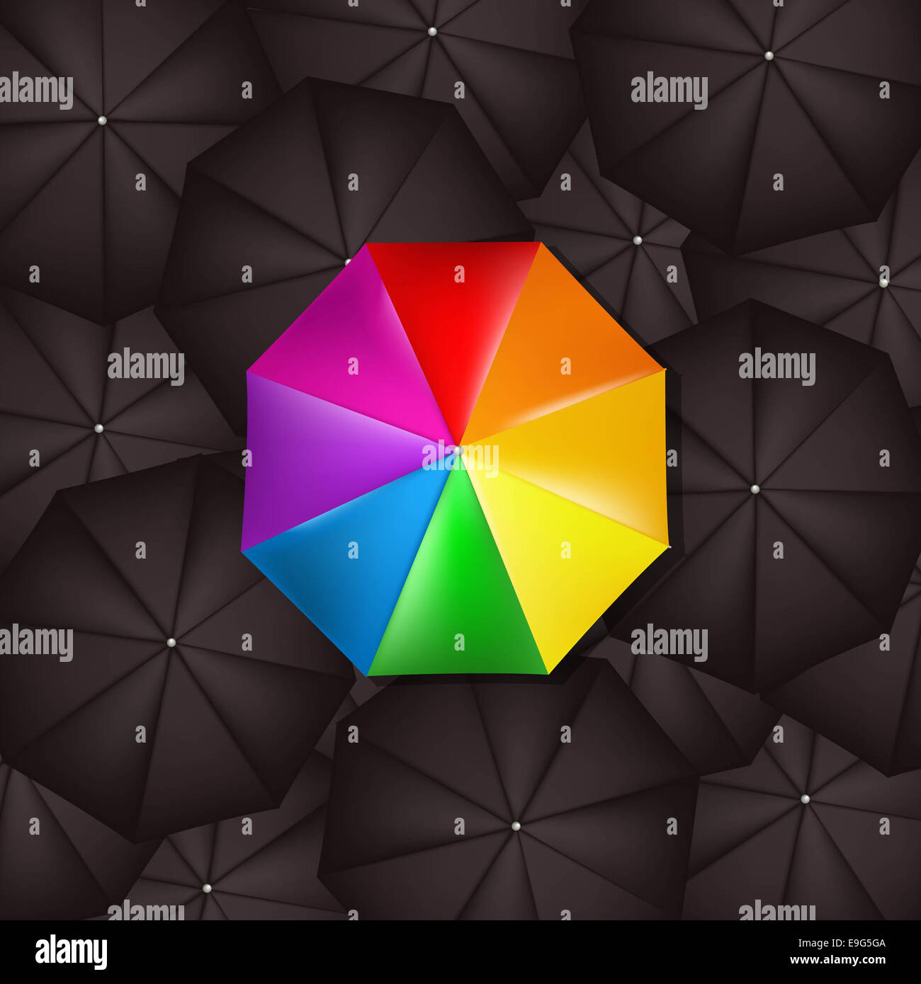 Color Umbrella Against Black Umbrellas Stock Photo - Alamy