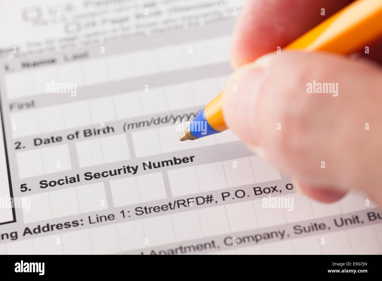 Social security number fields in application form and human hand with ...