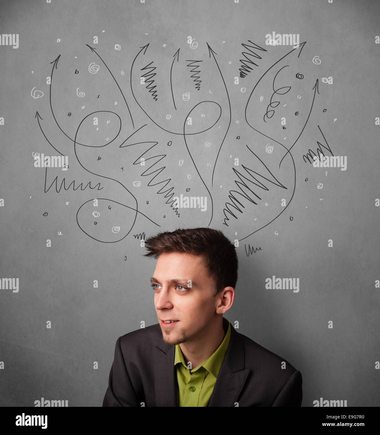 Businessman thinking with arrows over his head Stock Photo - Alamy