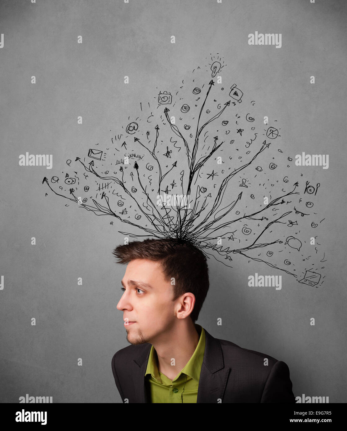 Businessman with tangled lines coming out of his head Stock Photo - Alamy