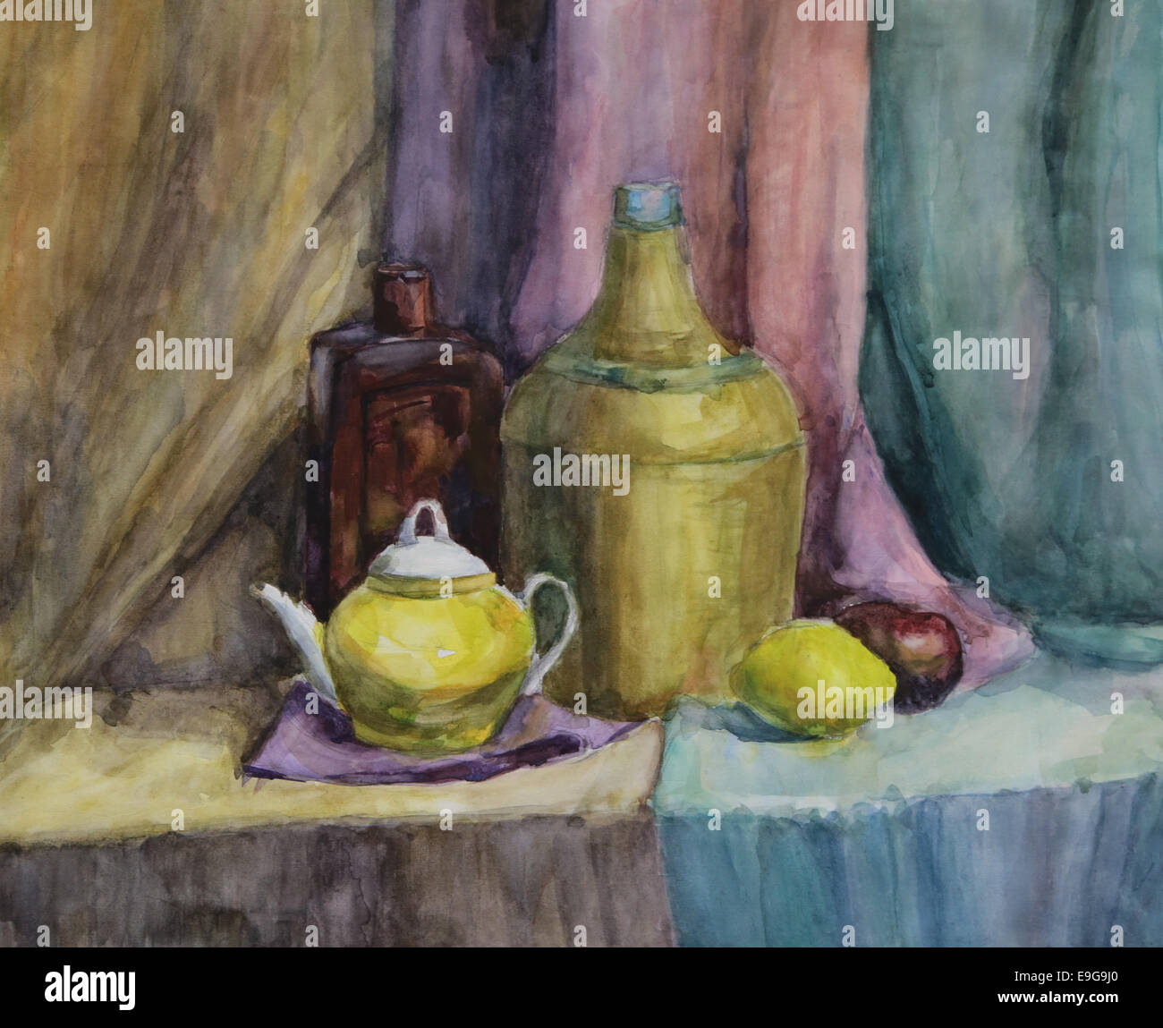 Still life with Bottle, Vase and Teapot Stock Photo - Alamy