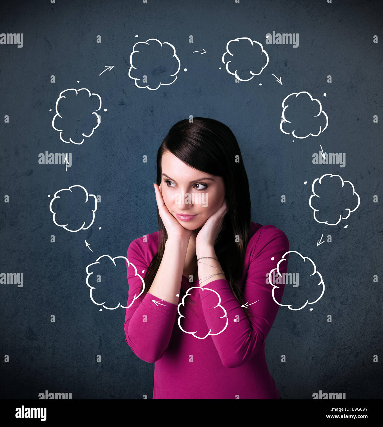 Young woman thinking with cloud circulation around her head Stock Photo ...
