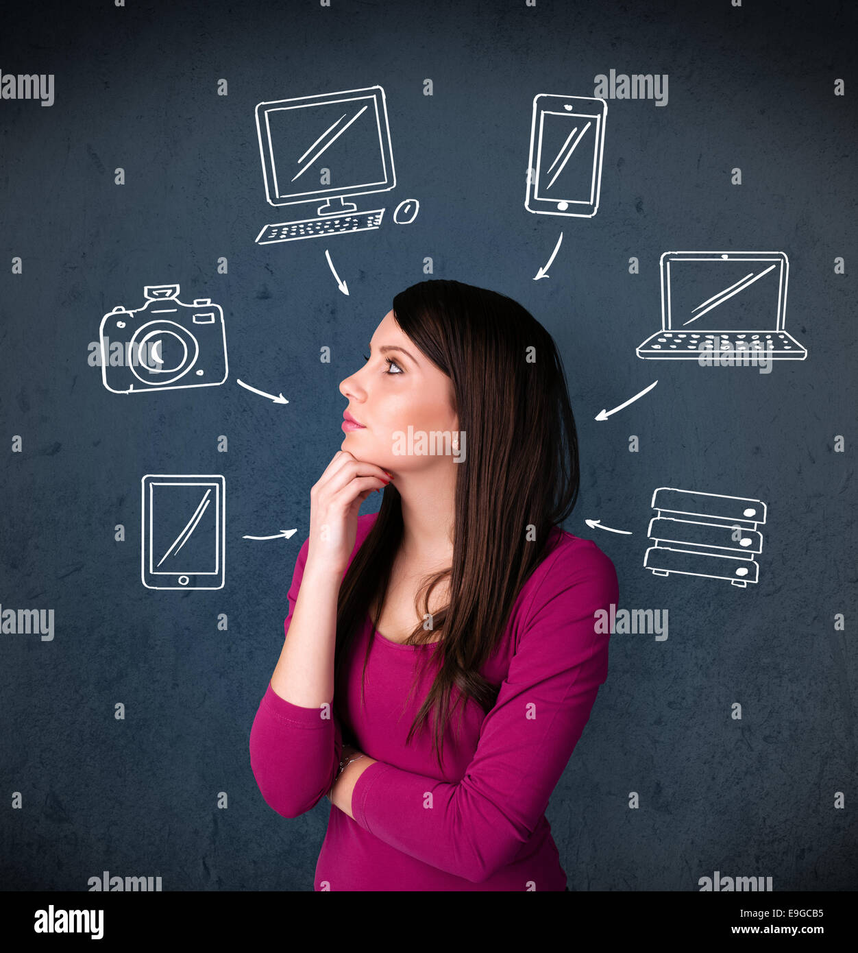 Young woman thinking with drawn gadgets around her head Stock Photo - Alamy