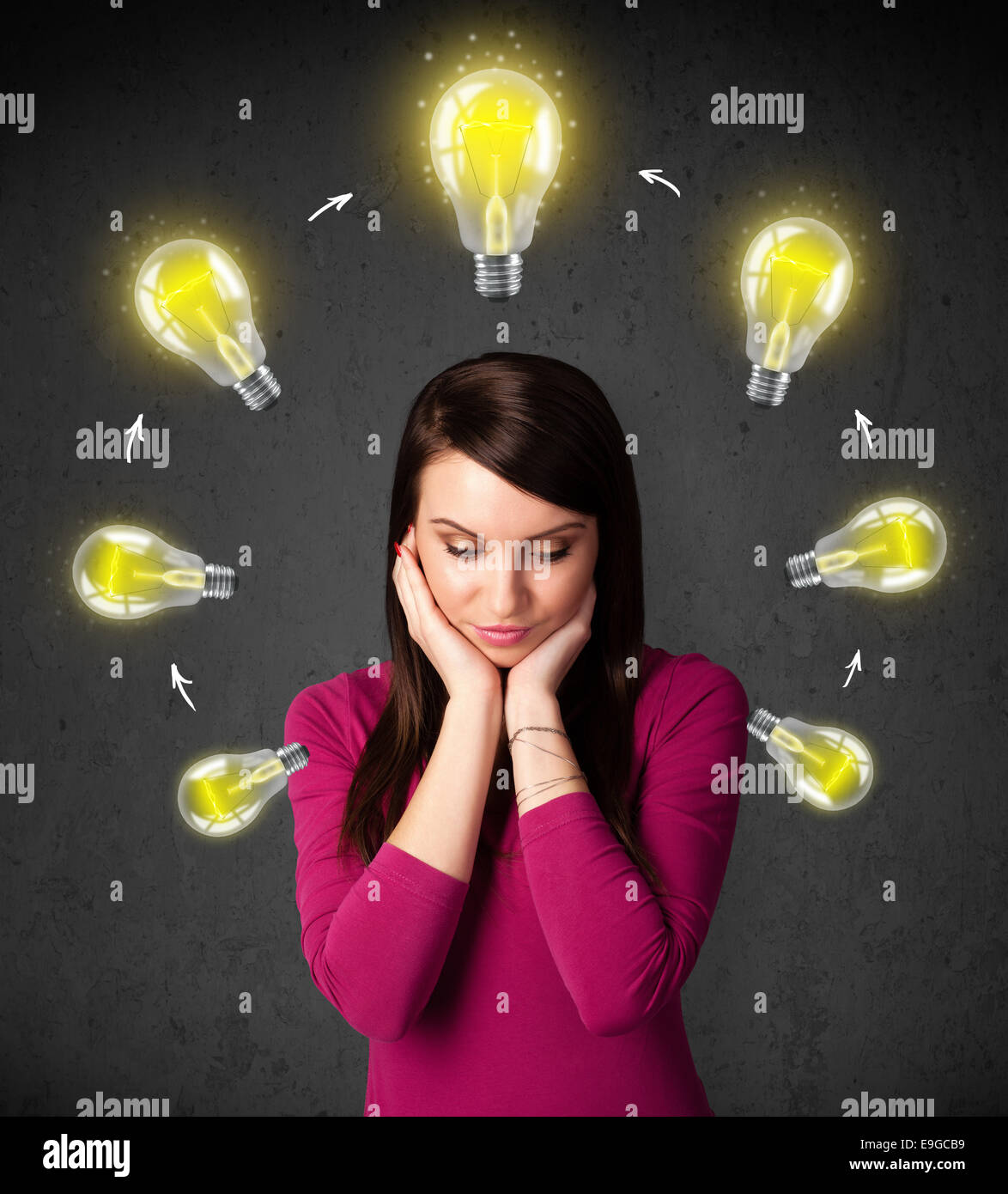 Young woman thinking with lightbulb circulation around her head Stock ...