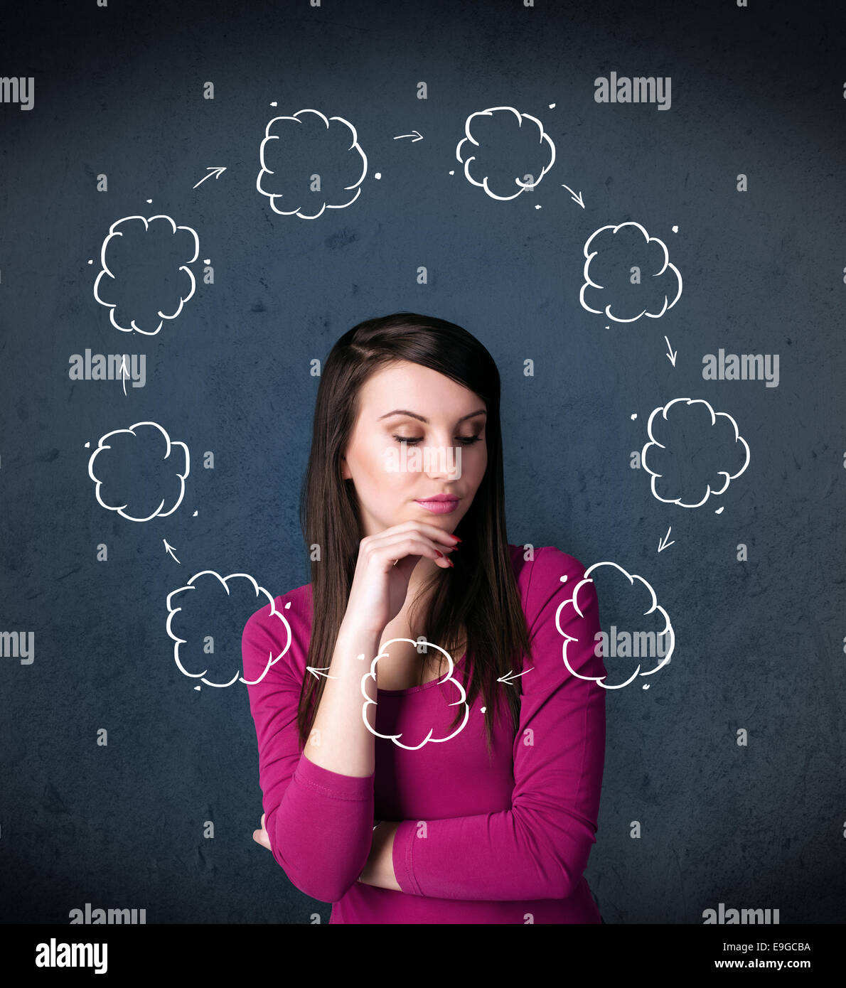Young woman thinking with cloud circulation around her head Stock Photo ...